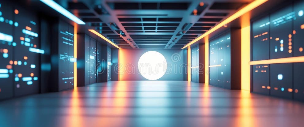 Futuristic Server Room Corridor with Glowing Neon Accents and Data ...