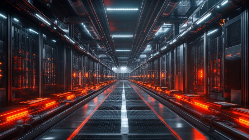 Futuristic Server Room Corridor with Red and Black Metallic Design ...
