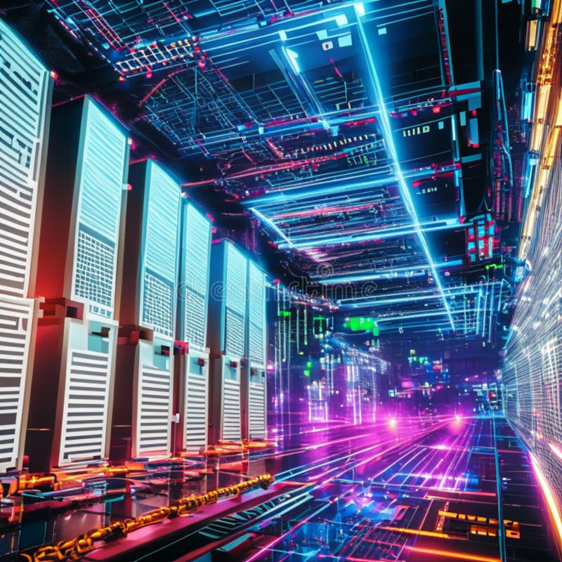 Futuristic Server Room Data Center with Neon Lights. 3d Rendering AI ...