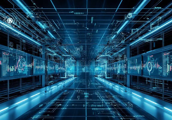 Futuristic Server Room Data Center. 3d Rendering Toned Image Stock ...