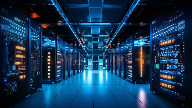 Futuristic Server Room, Data Center. Glowing Lights. Technology Concept ...