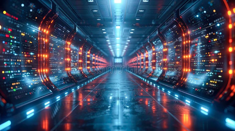 Futuristic Server Room Data Center Hallway with Glowing Lights Stock Illustration - Illustration ...