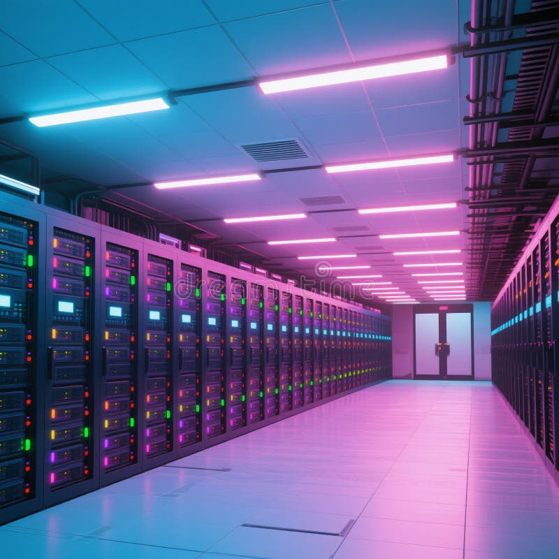 Futuristic Server Room with Data Lights Stock Illustration ...