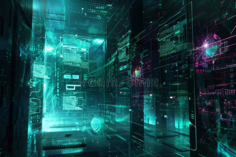 Futuristic Server Room with Data Visualization on Glowing Green Walls ...