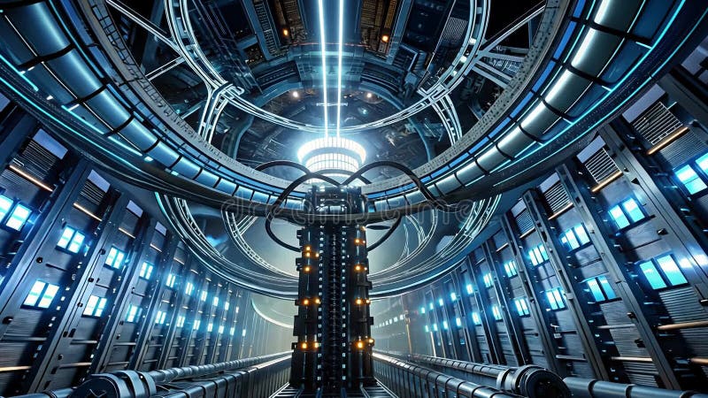 Futuristic Sci-Fi Server Room: Glowing Blue Corridors and Central Tower ...