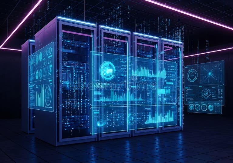 Futuristic Server Room with Digital Interfaces Stock Illustration ...
