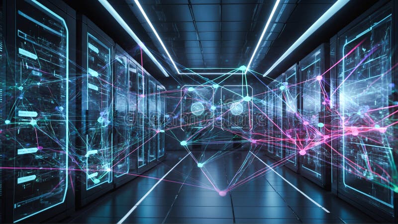 Futuristic Server Room with Digital Neural Network Double Exposure ...