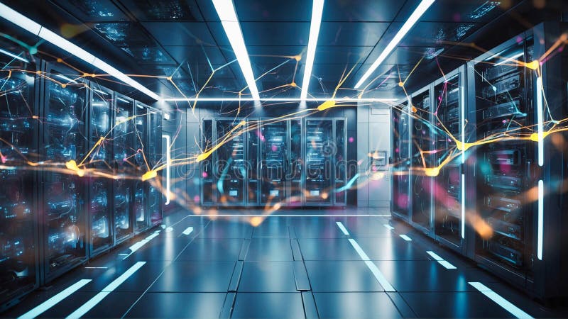 Futuristic Server Room with Digital Neural Network Double Exposure ...