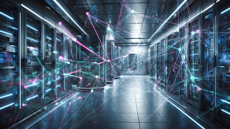 Futuristic Server Room with Digital Neural Network Double Exposure ...