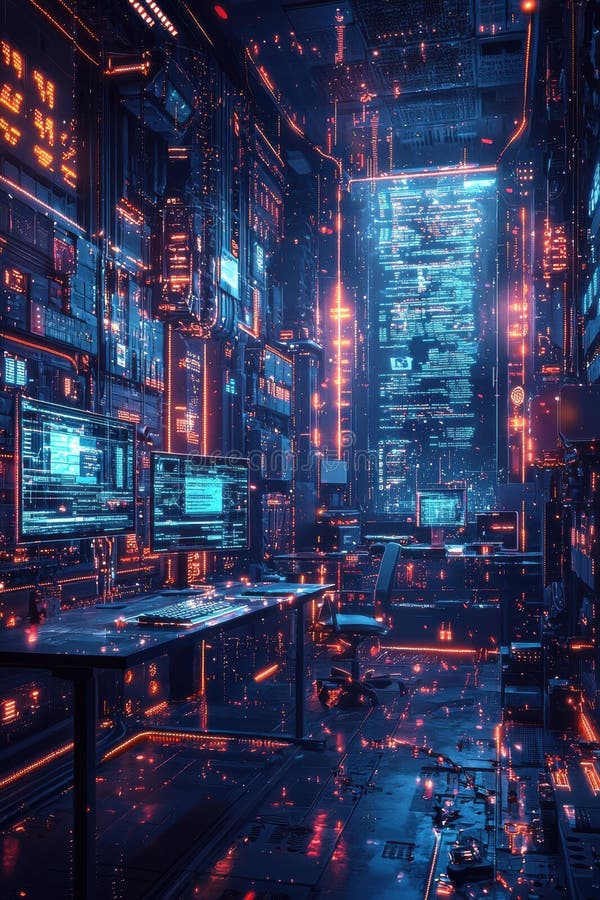 Futuristic Server Room with Digital Technology and Illuminated Computer ...