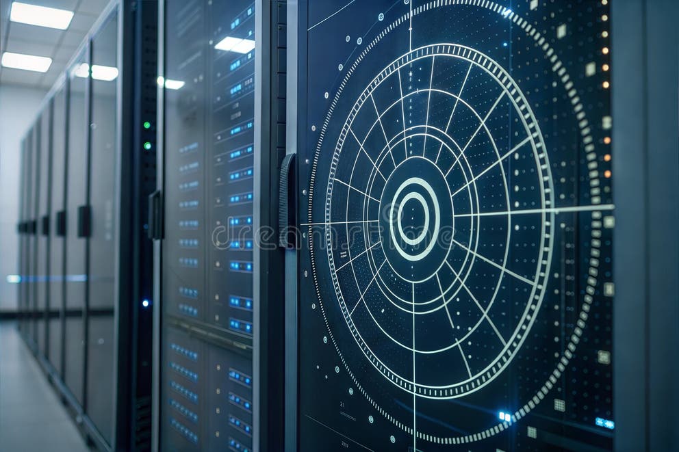 Futuristic Server Room Display with Radar-Like Interface Stock ...