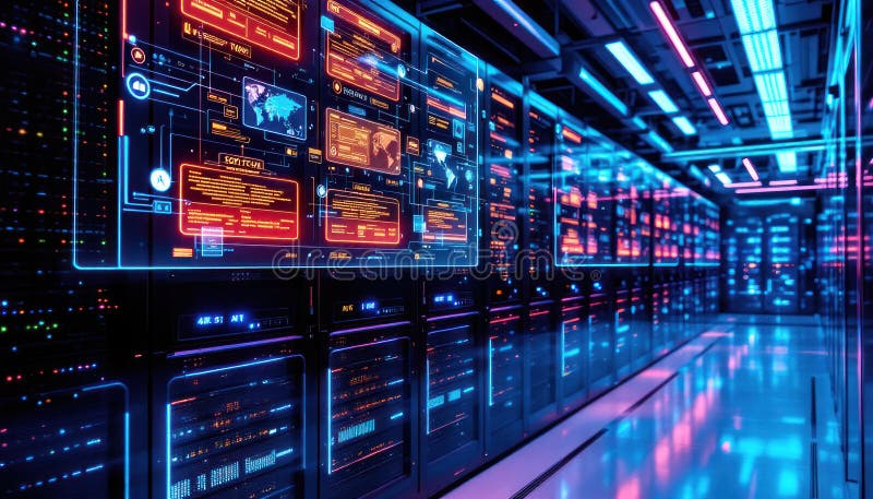 Futuristic Server Room with Glowing Blue and Orange Data Streams Stock ...