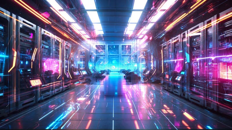 Futuristic Server Room with Double Exposure of Colorful Neon Lights ...
