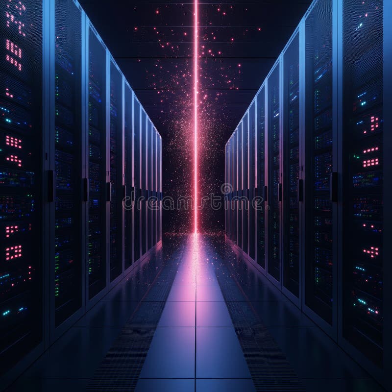 A Futuristic Server Room Featuring Advanced Technology and Vibrant ...