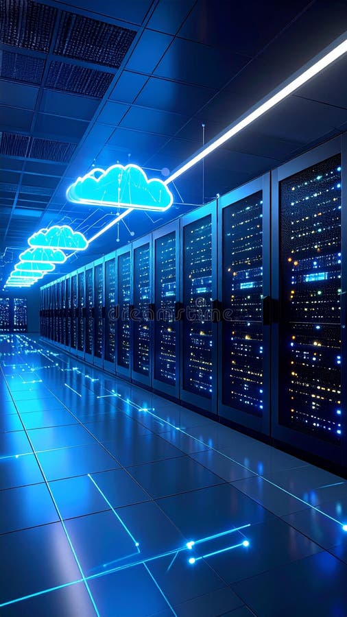 Futuristic Server Room Featuring Neon Cloud Icons Data Center with Blue Network Lights and ...