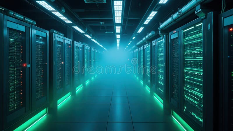 Futuristic Data Center Interior with Fog and Neon Lights Stock ...
