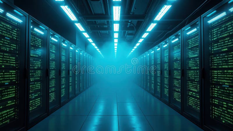 Futuristic Data Center Interior with Fog and Neon Lights Stock ...