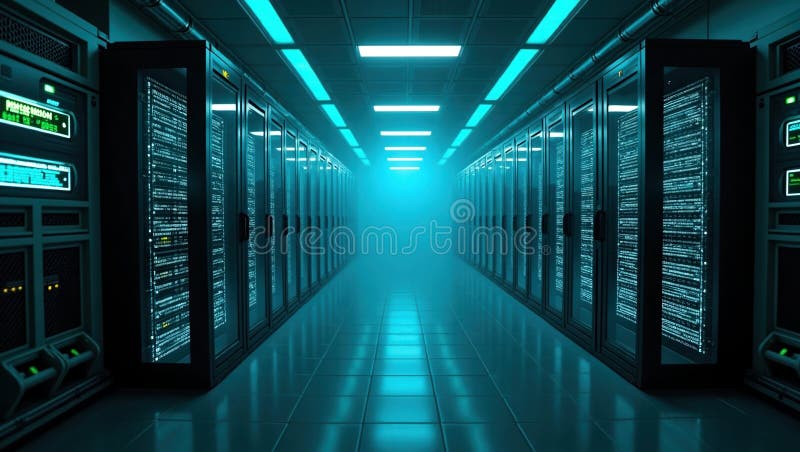 Futuristic Data Center Interior with Fog and Neon Lights Stock ...