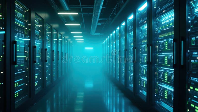 Futuristic Data Center Interior with Fog and Neon Lights Stock ...