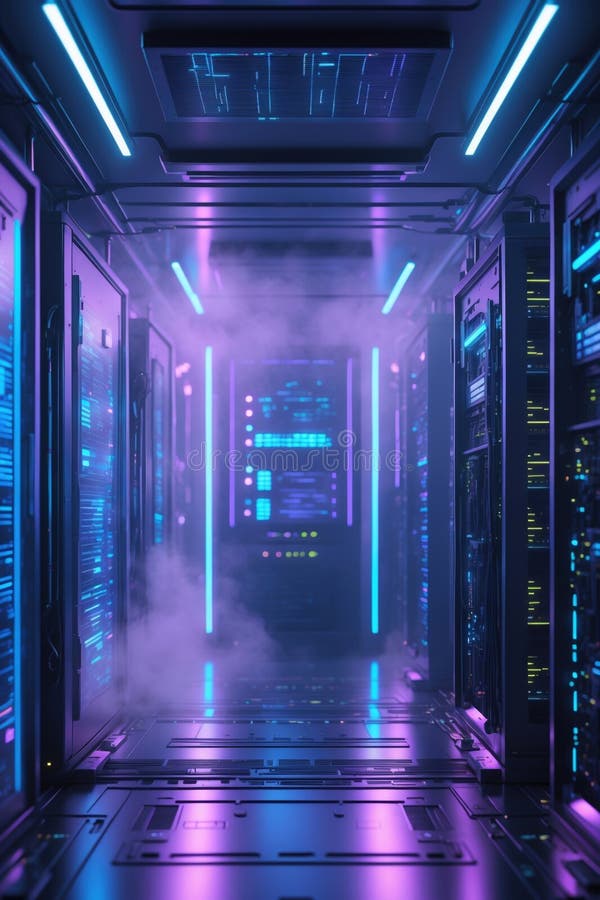 Futuristic Data Center Interior with Fog and Neon Lights Stock ...