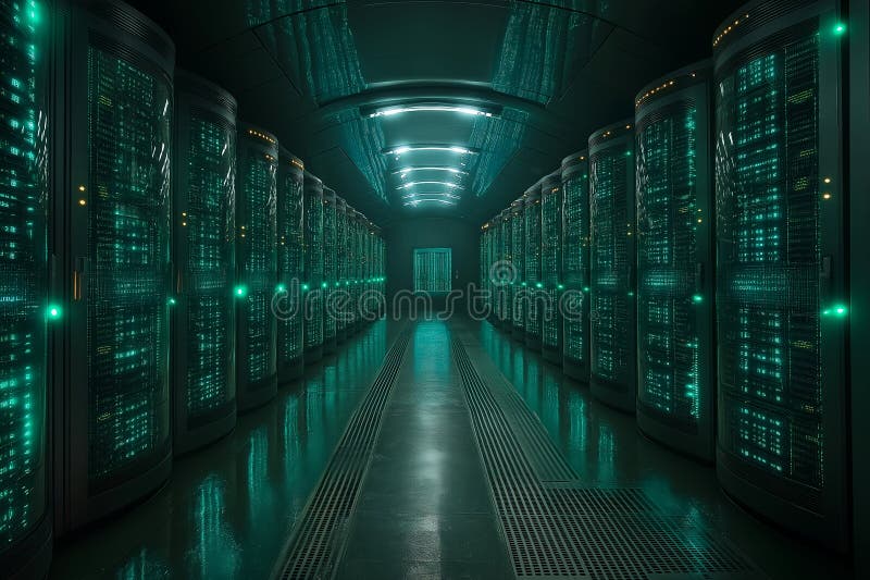 A Futuristic Server Room Filled with Glowing Blue and Green Lights ...