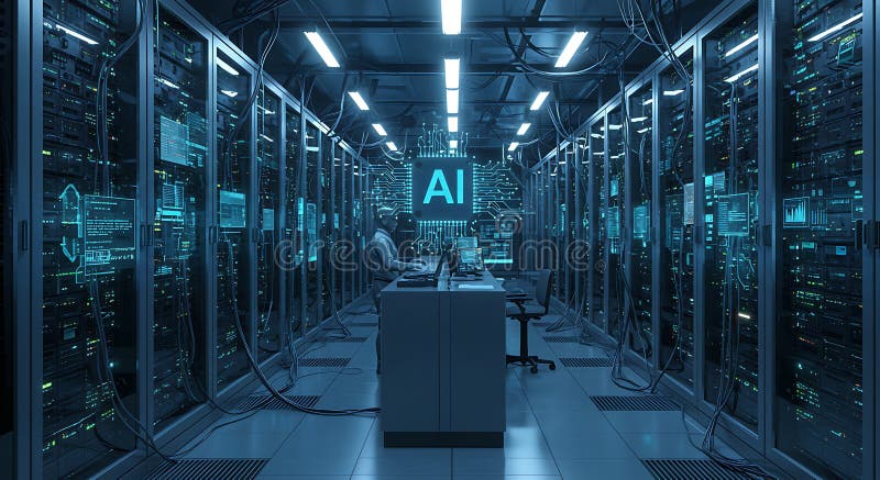 A Futuristic Server Room Filled with Racks of Servers, Illuminated by ...