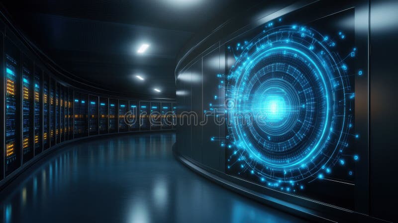 Futuristic Server Room with Glowing Blue Digital Interface and Modern ...