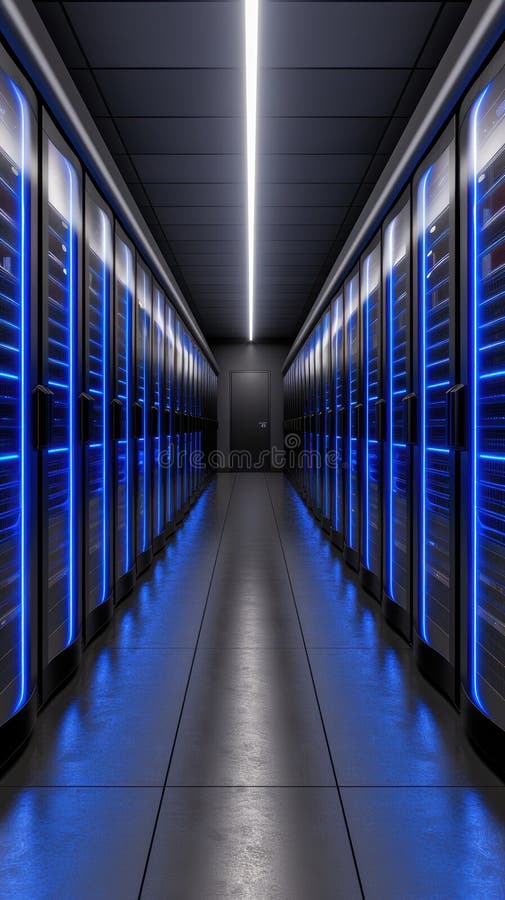 Futuristic Server Room with Glowing Blue Lights Stock Illustration ...