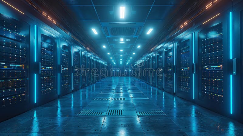 A Futuristic Server Room with Glowing Blue Lights and Rows of Servers ...