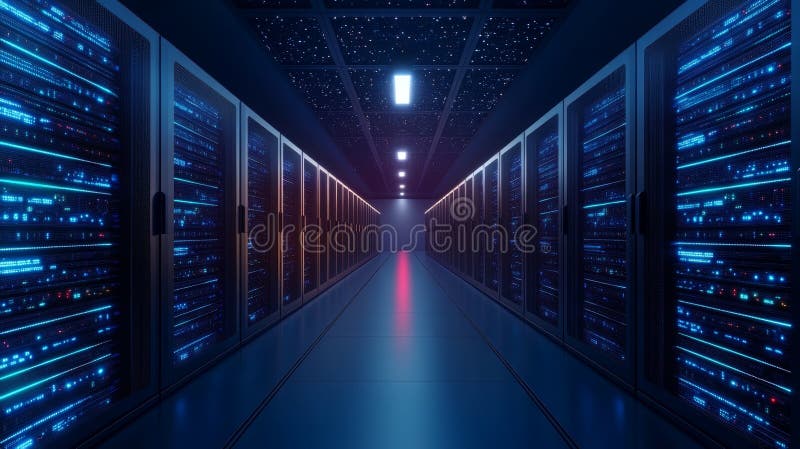 A Futuristic Server Room with Glowing Blue Lights, Showcasing Rows of ...