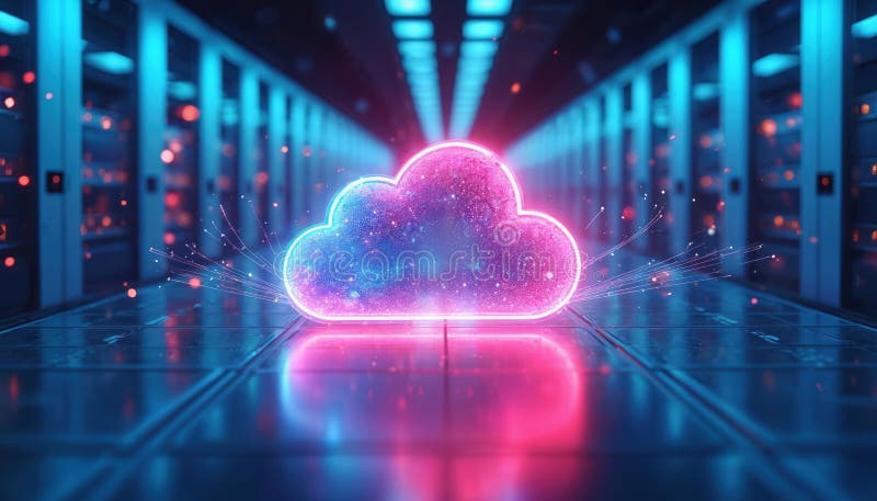 Futuristic Server Room with Glowing Cloud Computing Icon. Digital Data Storage, Advanced Server ...