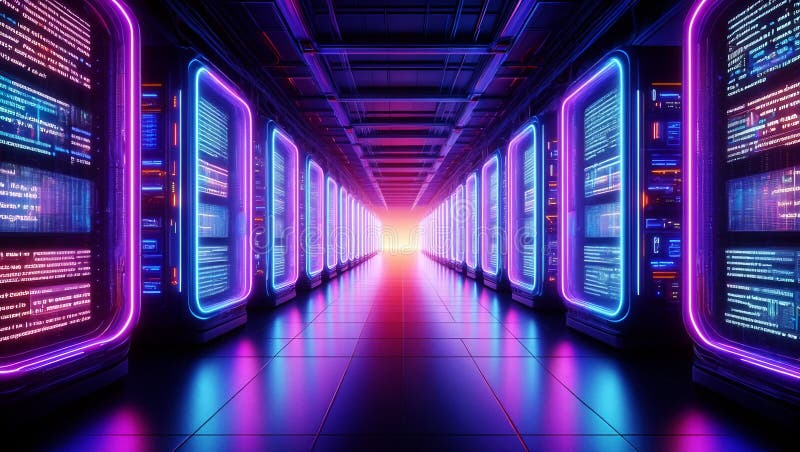 Futuristic Server Room with Glowing Data Displays Technology Neon Stock ...