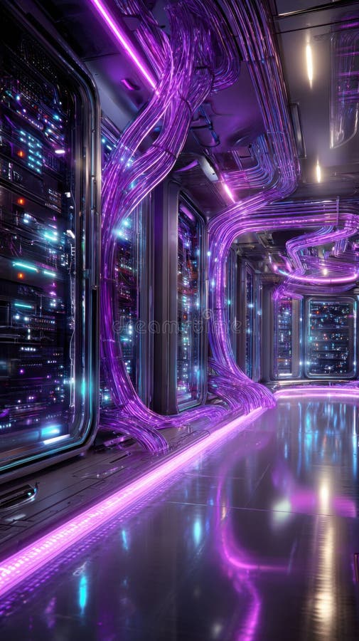 Futuristic Server Room with Glowing Blue and Orange Data Streams Stock Image - Image of ...
