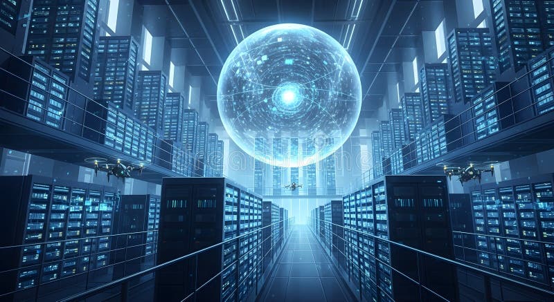 Futuristic Server Room with Glowing Data Sphere and Drones Performing ...