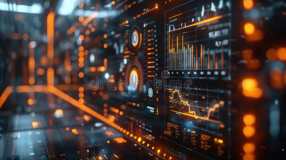 Futuristic Server Room with Glowing Digital Interfaces, Charts, and Graphs Displaying Data ...