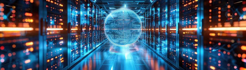 Futuristic Server Room with a Glowing Digital Sphere Surrounded by Data ...