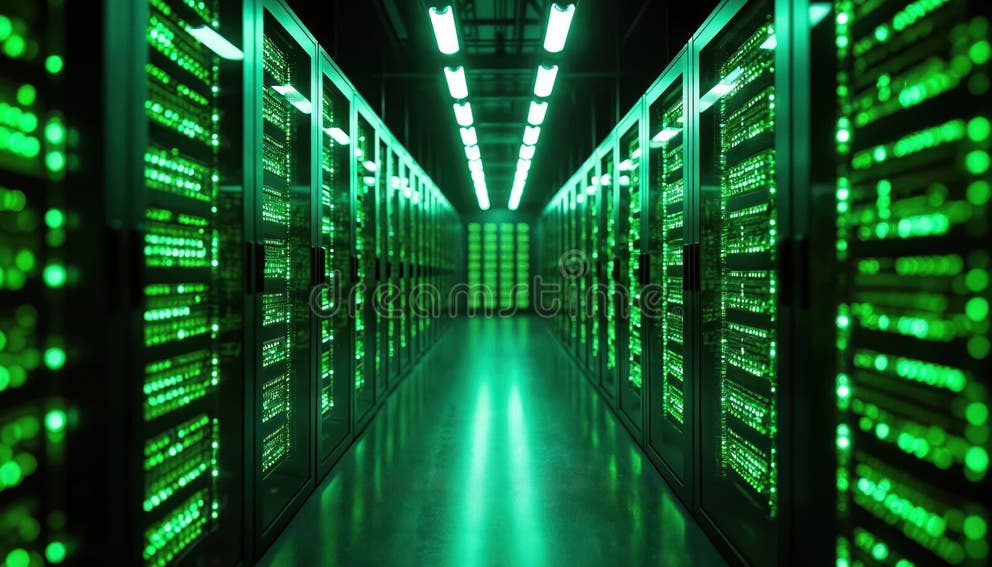 Futuristic Server Room with Glowing Green LED Lights. Data Center ...