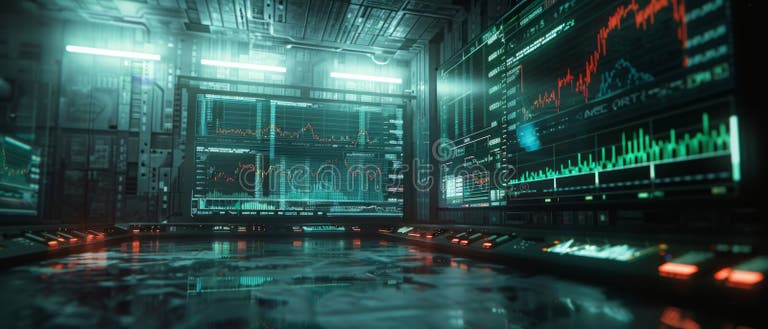 Futuristic Server Room with Glowing LED Screens Displaying Graphs ...