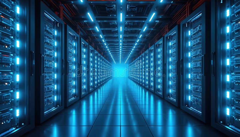 Futuristic Server Room with Glowing Lights, Data Servers. Digital Tech Infrastructure ...