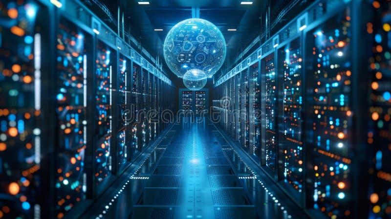 A Futuristic Server Room with Glowing Lights and a Large Sphere in the ...