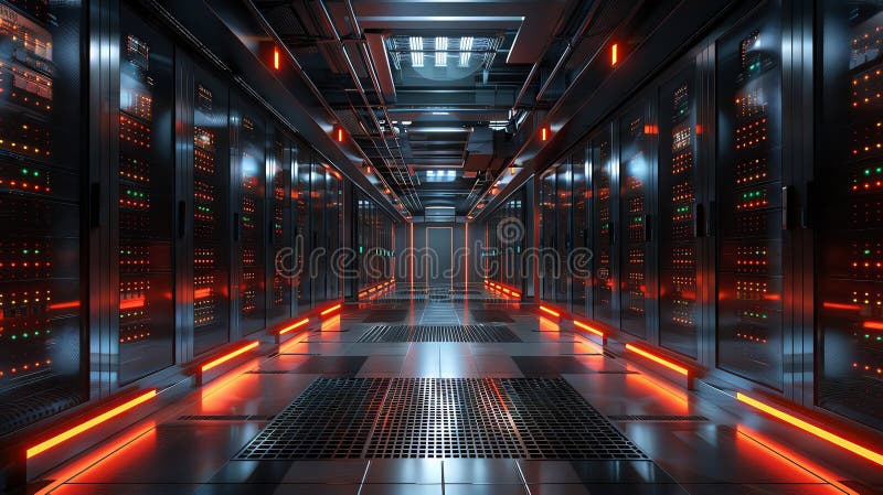 A Futuristic Server Room with Glowing Lights and Rows of Servers Stock ...