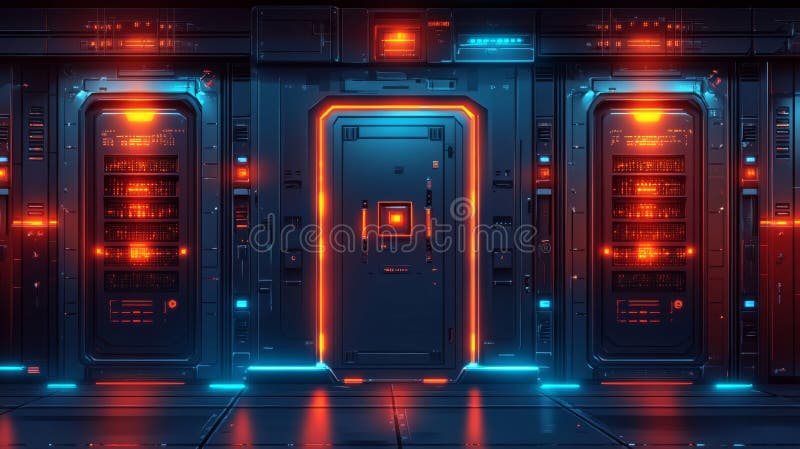 Futuristic Server Room with Glowing Neon Lights Stock Illustration ...