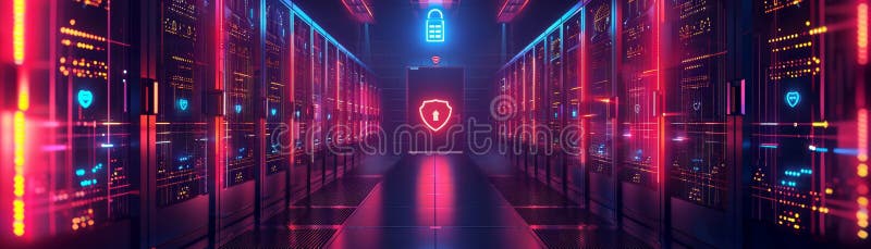 Futuristic Server Room with Glowing Neon Lights and Cybersecurity Icons ...