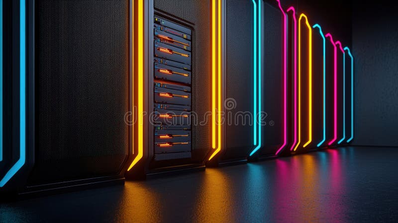 Futuristic Server Room with Glowing Neon Lights Illuminating Data ...