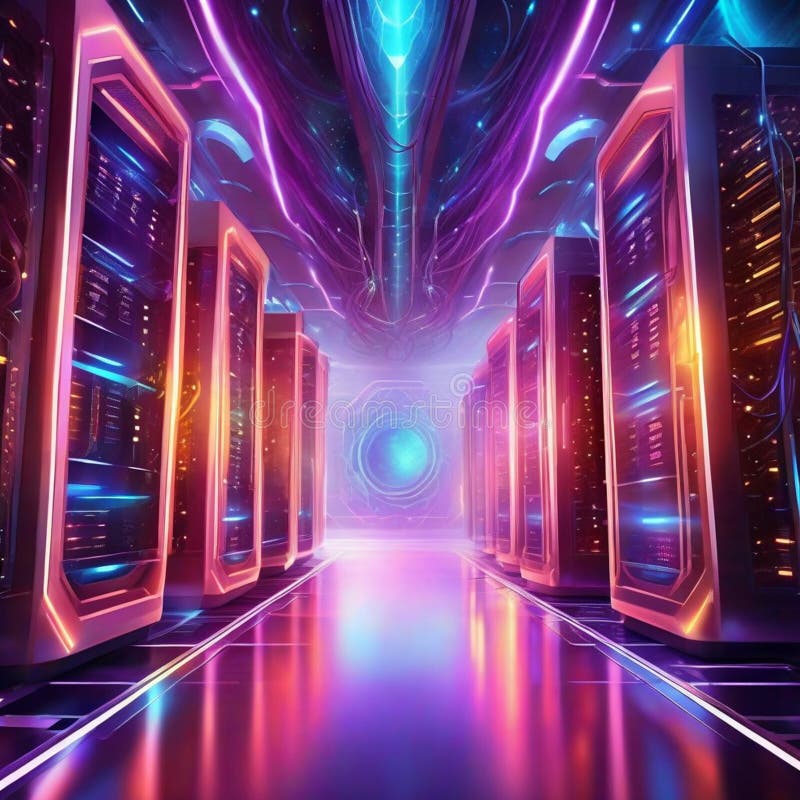 A Futuristic Server Room with Glowing Quantum Computer Cores, High-tech ...