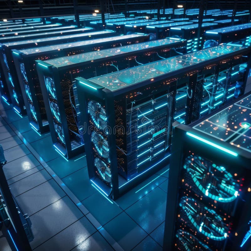 Futuristic Server Room with Glowing Racks Stock Image - Image of room ...