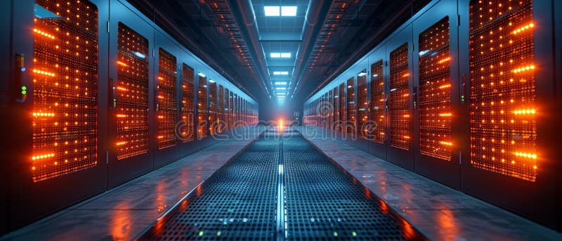 A Futuristic Server Room with Glowing Red Lights and a Long, Empty ...