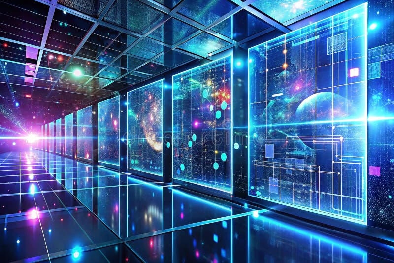Futuristic Server Room, Glowing Screens, Cosmic Data Stock Illustration ...