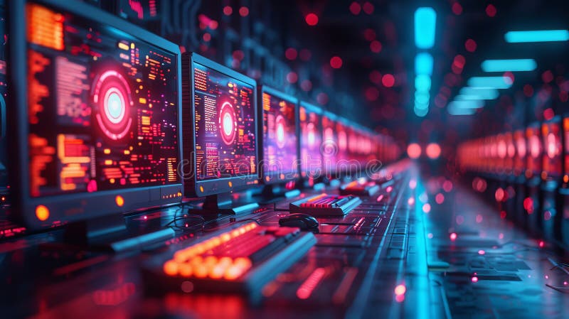 Futuristic Server Room with Glowing Screens Stock Photo - Image of ...