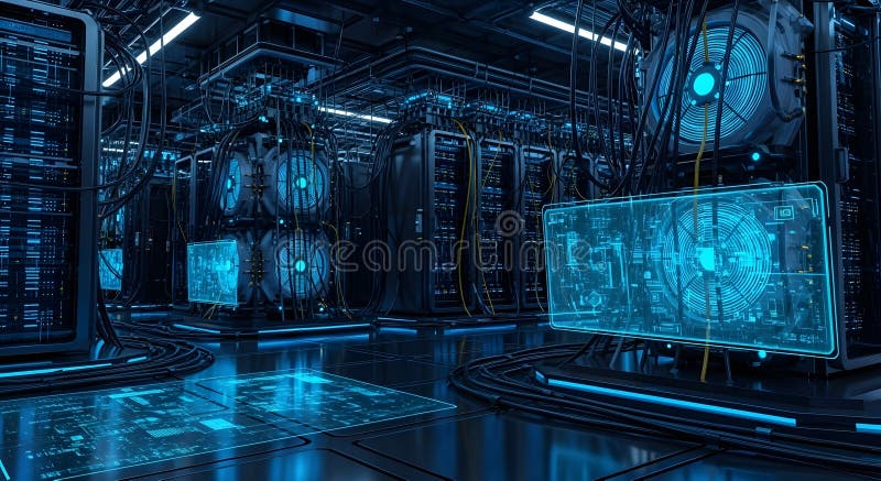 Futuristic Server Room with Glowing Screens and Intricate Cabling ...